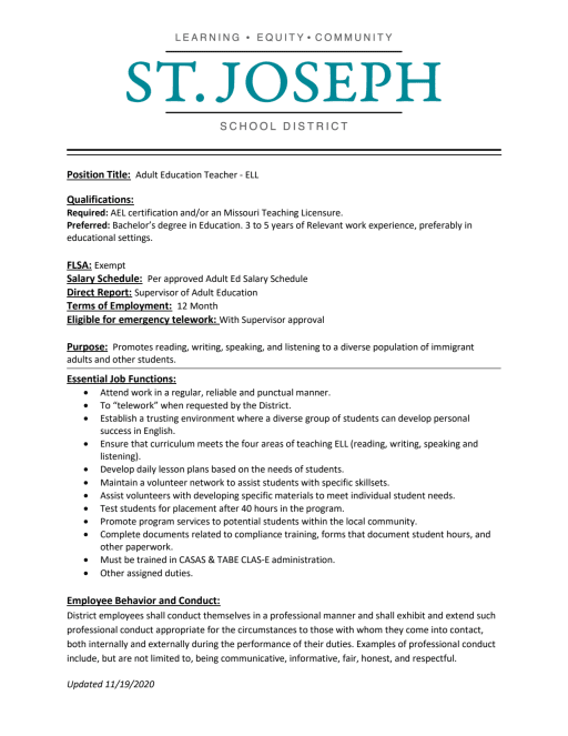 job specification example for teacher