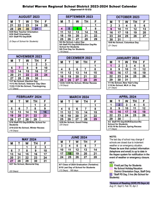 warner elementary school calendar