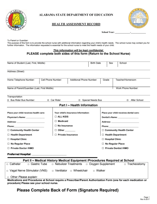 Kindergarten Health Assessment Form