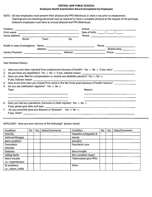 Printable Employee Physical Examination Form 500+ Free Medical Forms