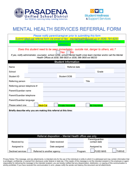 Fillable Student Mental Health Referral Form Printable Pdf