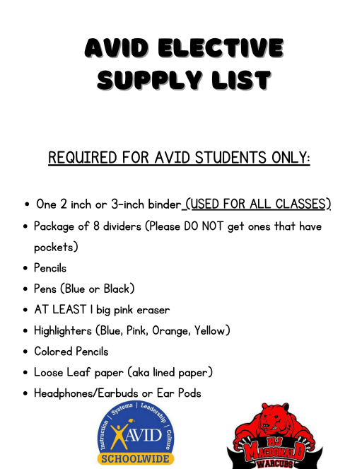 Avid School Supply List