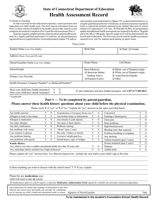 Kindergarten Health Assessment Form