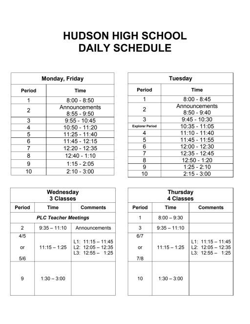 high school school timetable
