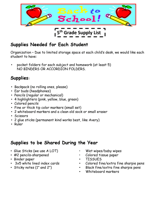 5th Grade School Supply List S.P. Morton Elementary School