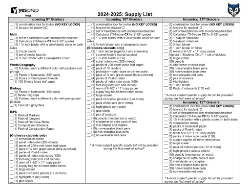 prep school supply list