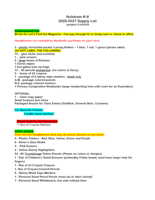 8th Grade Supplies School Supply List 2024 25