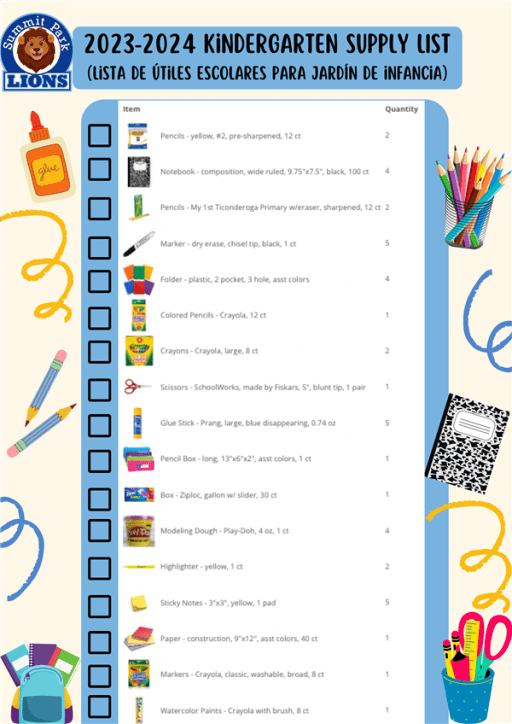Kindergarten Supply List