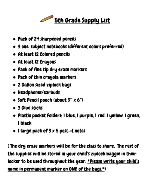 5th Grade School Supply List S.P. Morton Elementary School
