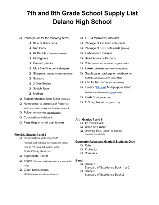 8th Grade Supplies School Supply List 2024 25
