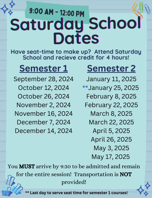 Saturday School Schedule Spring After School, Lunch Club & Saturday