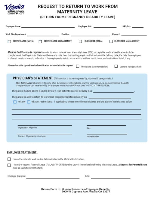 return to work form school