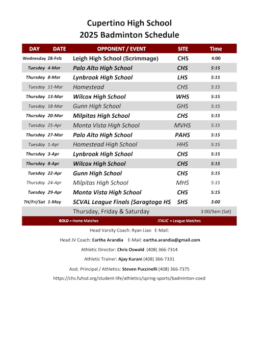 badminton school dates