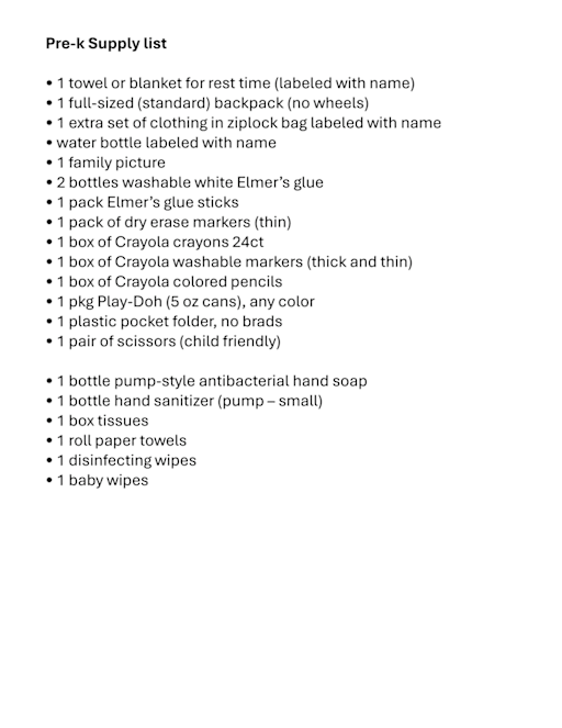 Pre Kindergarten Supply List