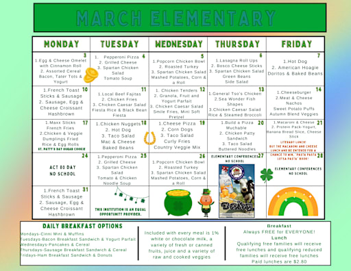 Elementary School Cafeteria Menu Cafe/Lunch Menu | Garrison ISD