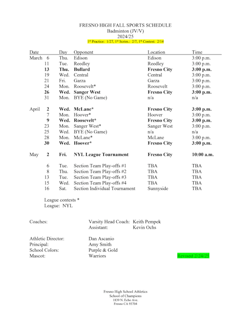 badminton school dates