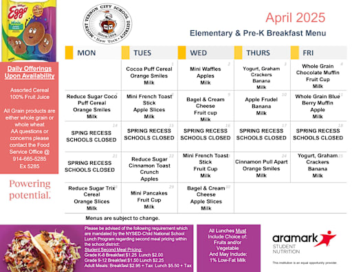 Elementary School Breakfast Menus