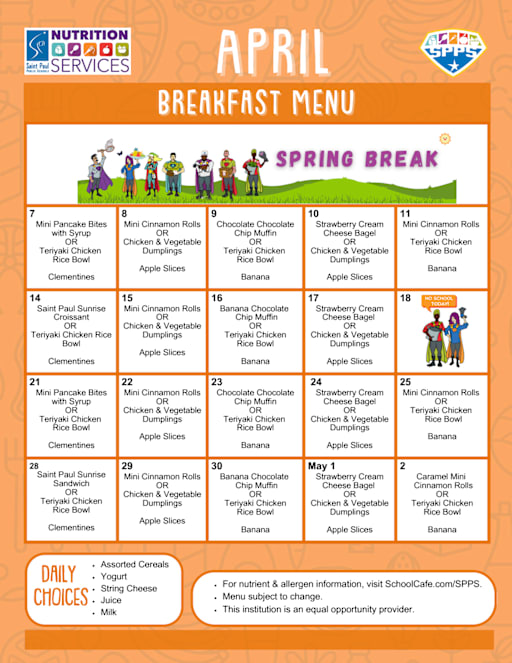 Elementary School Breakfast Menus