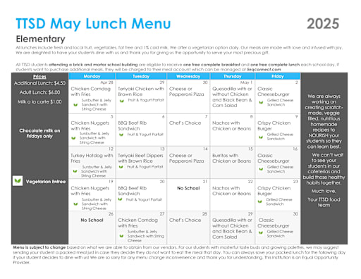 Elementary School Breakfast Menus