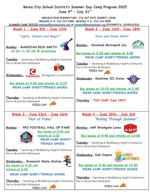 Summer Camp Daily Schedule