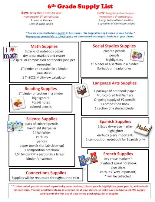 6th grade list