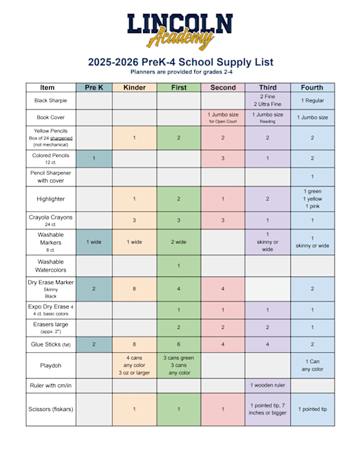 prep school supply list