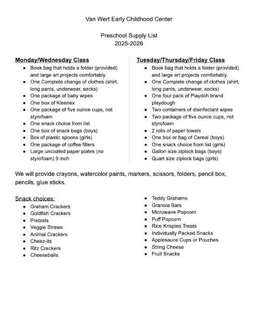 Supply Lists - Van Wert Early Childhood Center