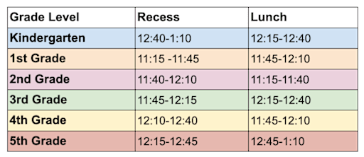 school lunch time table