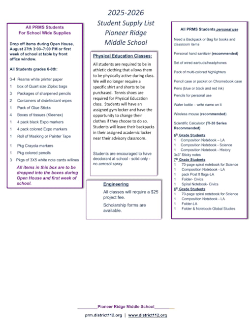 school project items list