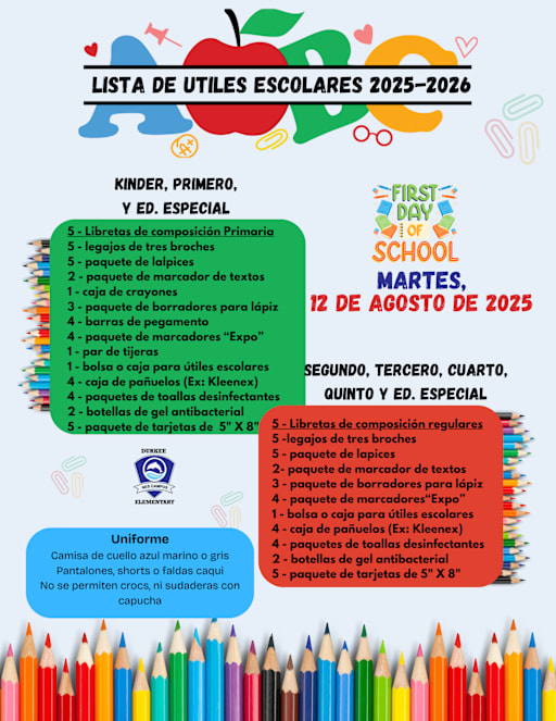 Lista De útiles Escolares 2025 26 School Supply Lists Neabsco