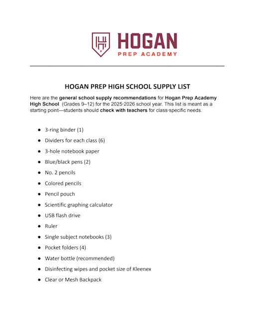 prep school supply list