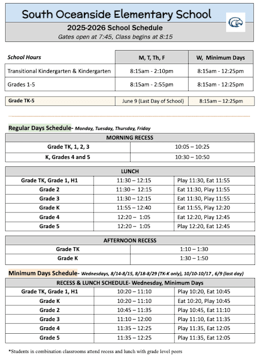 south elementary schedule