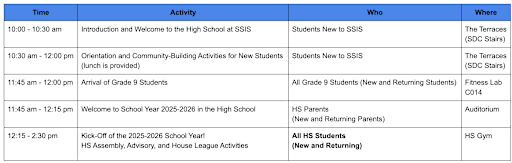 high school orientation schedule