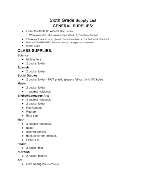 6th grade list