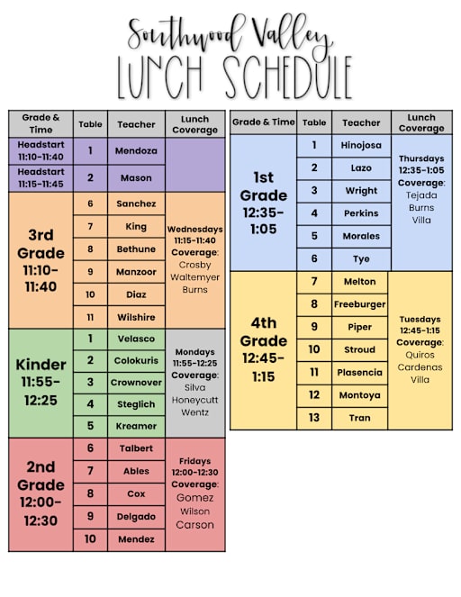 lunch schedule for elementary