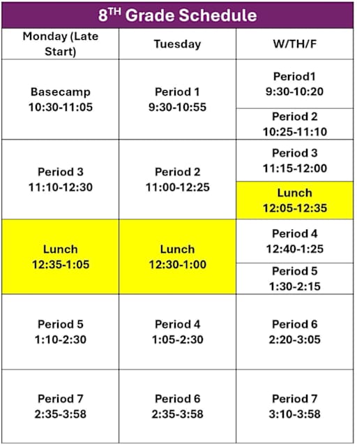 middle school student schedule