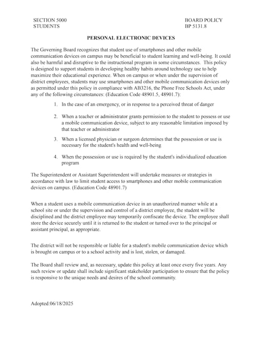 personal electronics policy