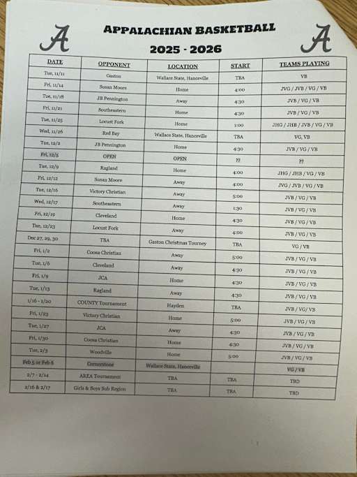 basketball schedule example