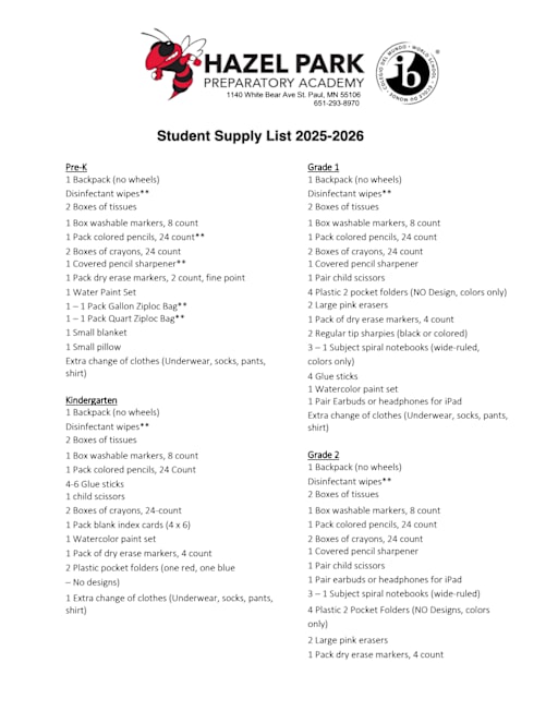prep school supply list