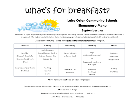 elementary school breakfast items