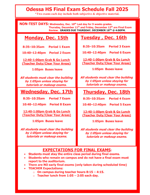 finals testing schedule