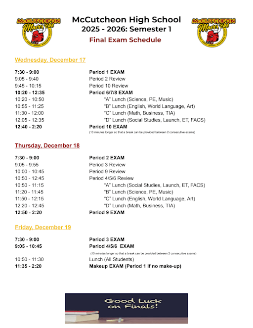 finals testing schedule