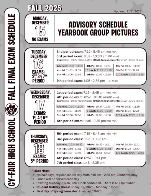 finals testing schedule
