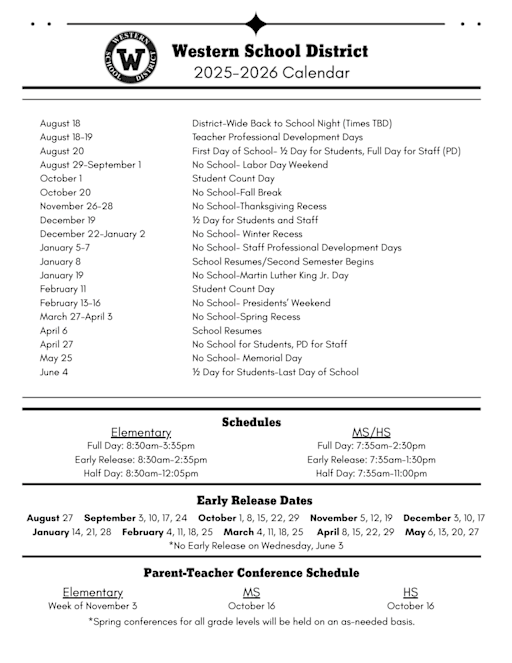 warner elementary school calendar
