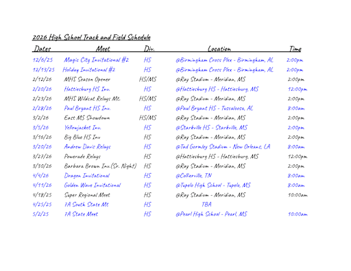 high school track schedule
