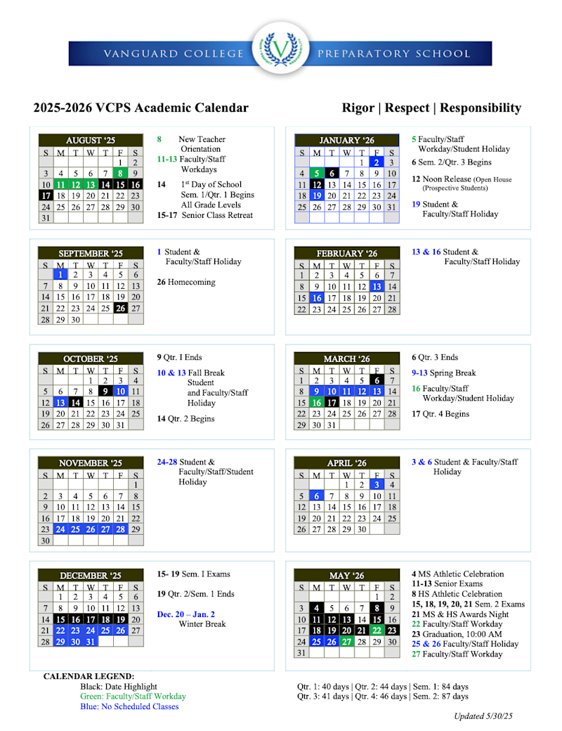 vanguard school term dates