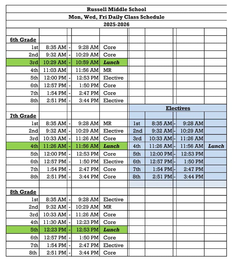 middle school student schedule