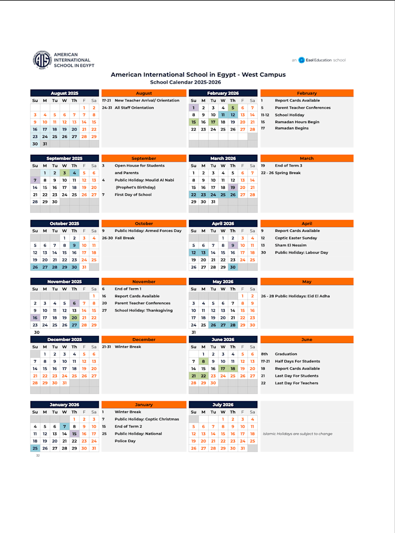 School Calendars - American International School in Egypt - West Campus
