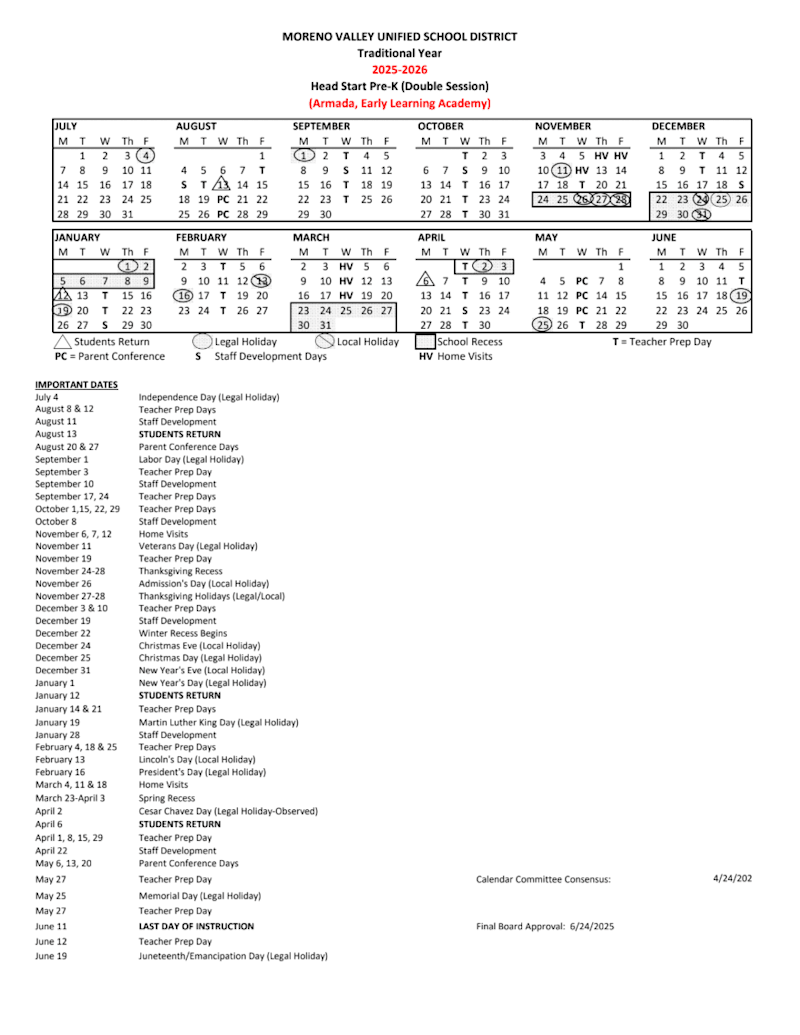 Academic Year Calendars - Moreno Valley Unified School District