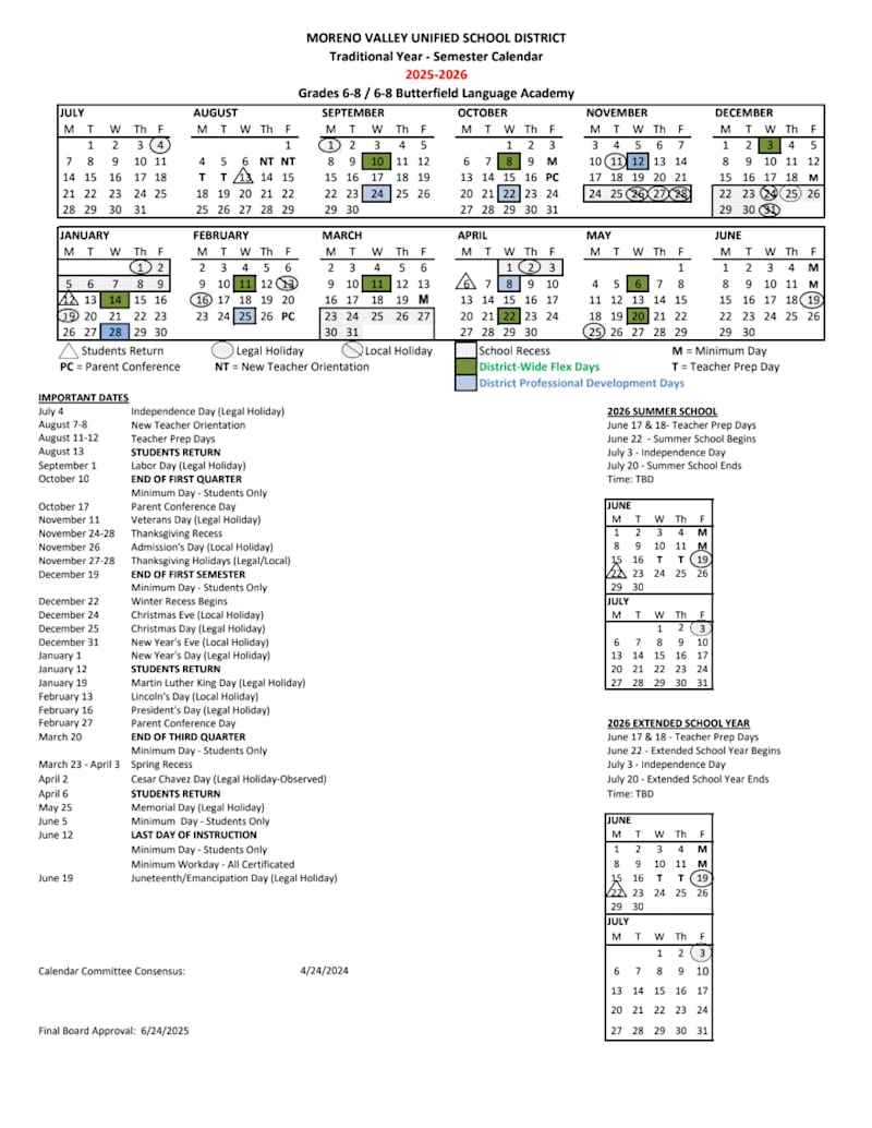 Academic Year Calendars - Moreno Valley Unified School District